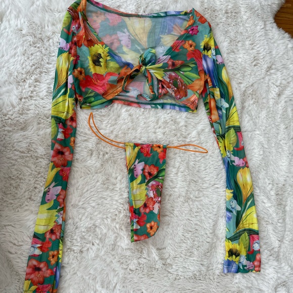 Swim | Mesh Floral Bikini Top String Bikini Bottom Set | Poshmark